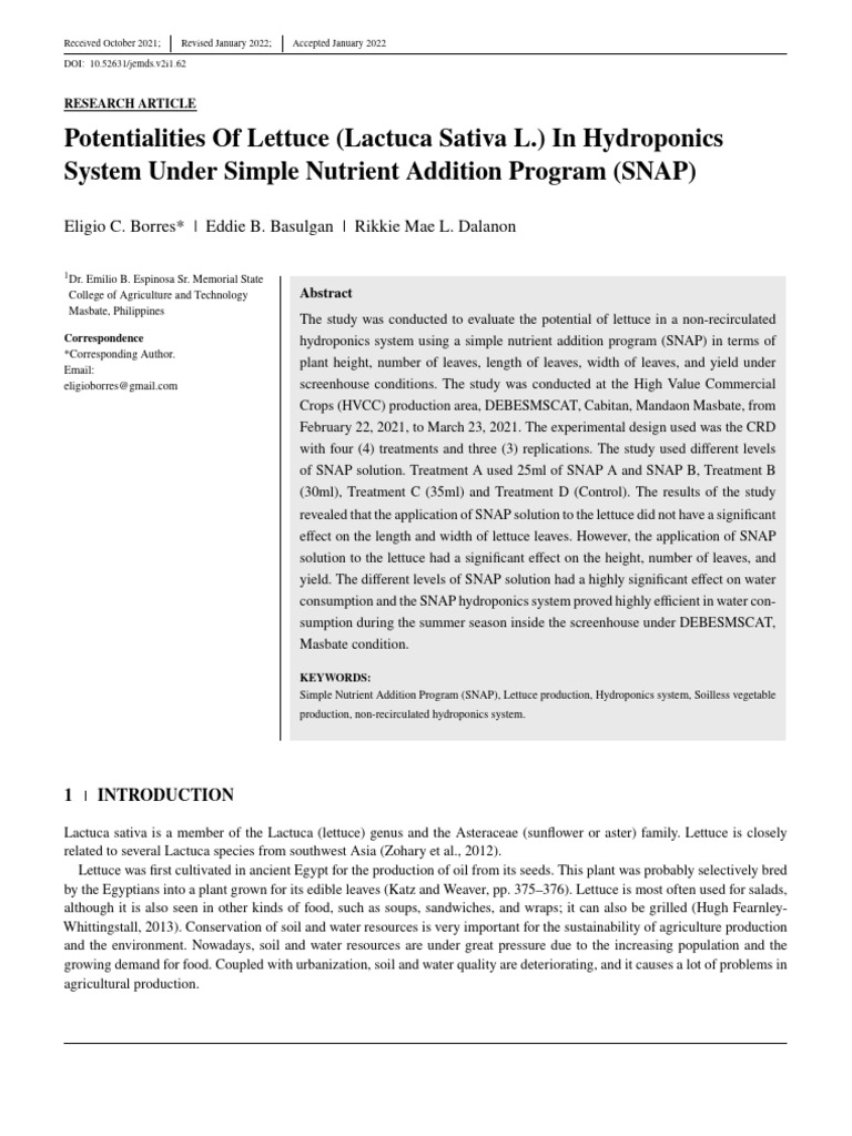BORRES Potentialities of Lettuce Lactuca Sativa L in Hydroponics System Under Simple Nutrient ...