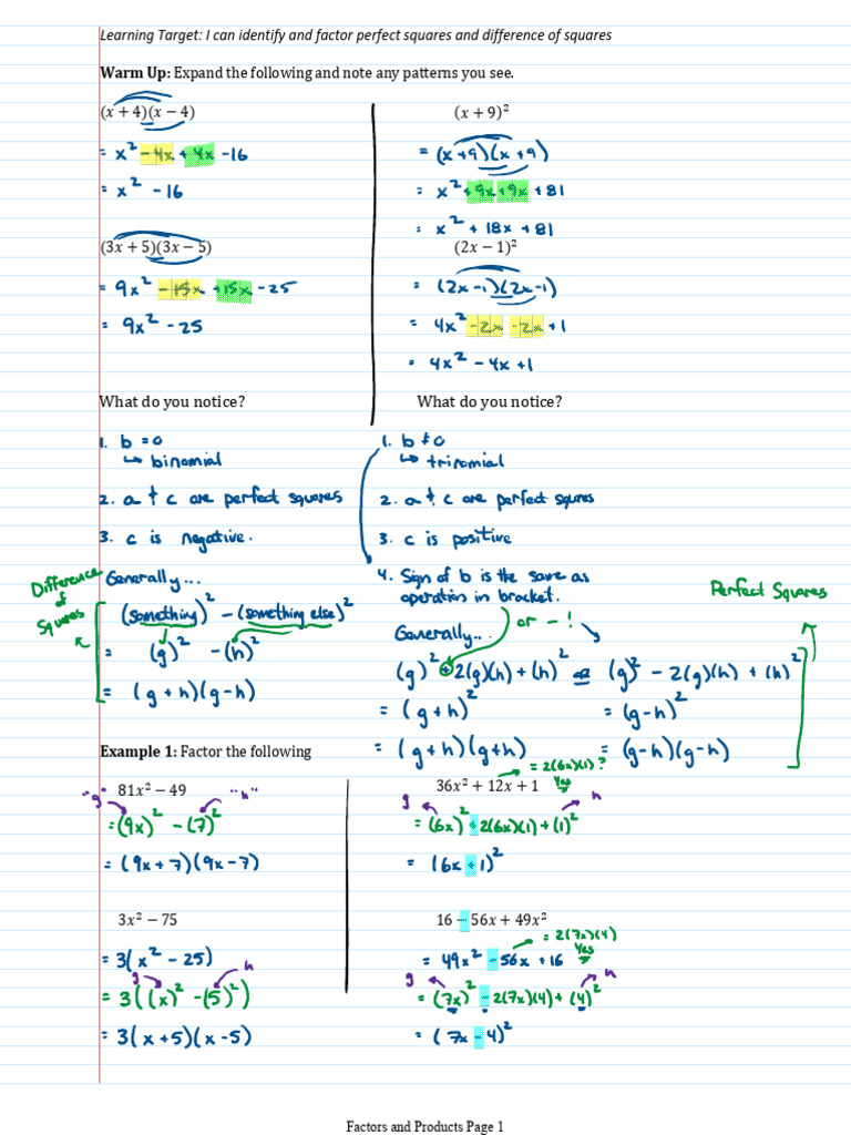 Factoring Perfect Squares Guide | PDF