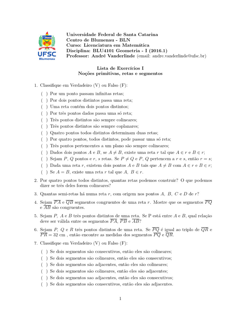 Lista 1 | PDF | Linha (Geometria) | Geometria Euclidiana