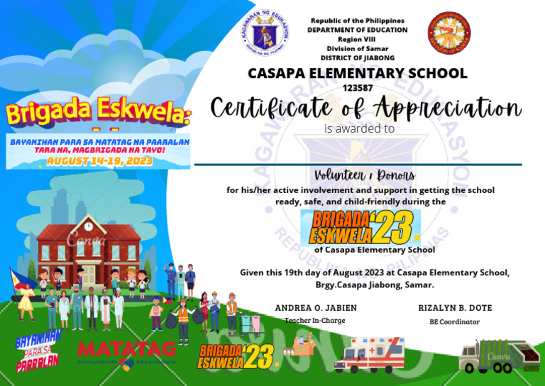 Copy of Brigada Eskwela Certificate | PDF