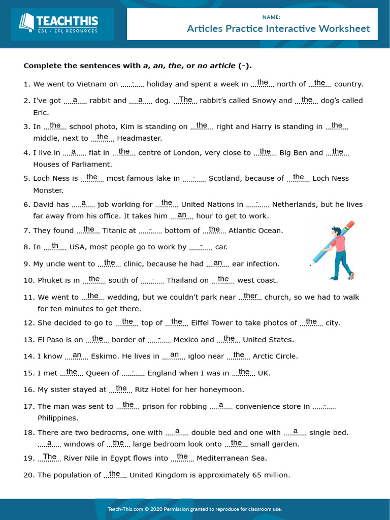 Articles Practice Interactive Worksheet | PDF