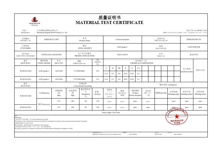 A283 Grade C MTC - Hangang. | PDF