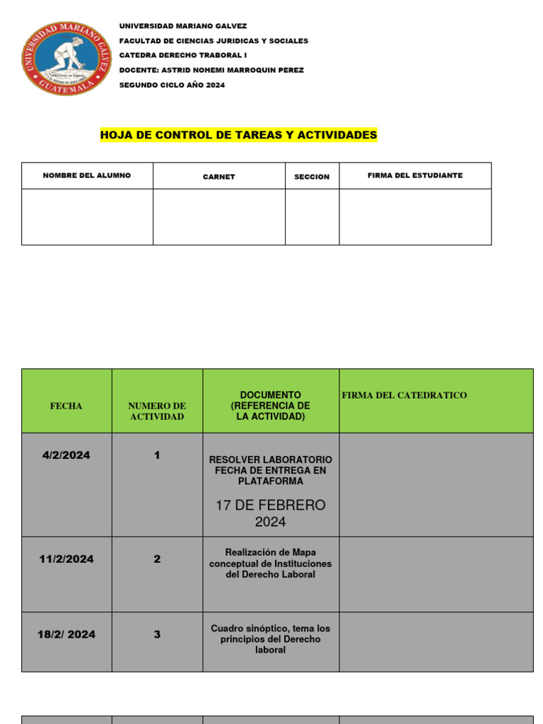 Hoja de Control Laboral I Tareas | PDF