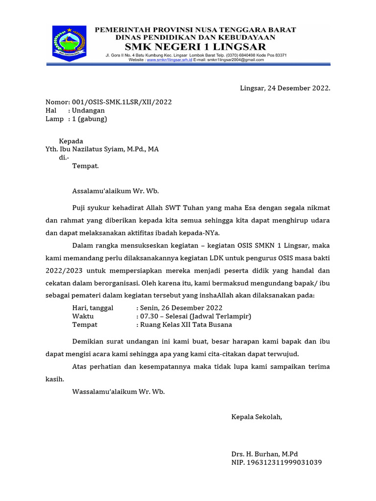 Undangan LDK OSIS SMK Negeri 1 Lingsar | PDF