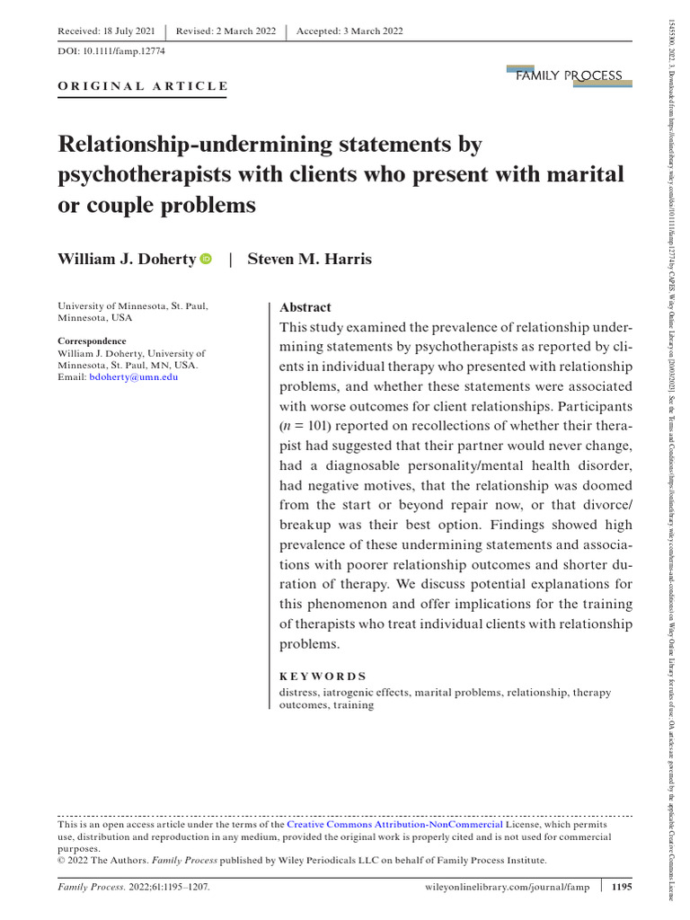 Family Process - 2022 - Doherty - Relationship Undermining Statements by Psychotherapists With ...