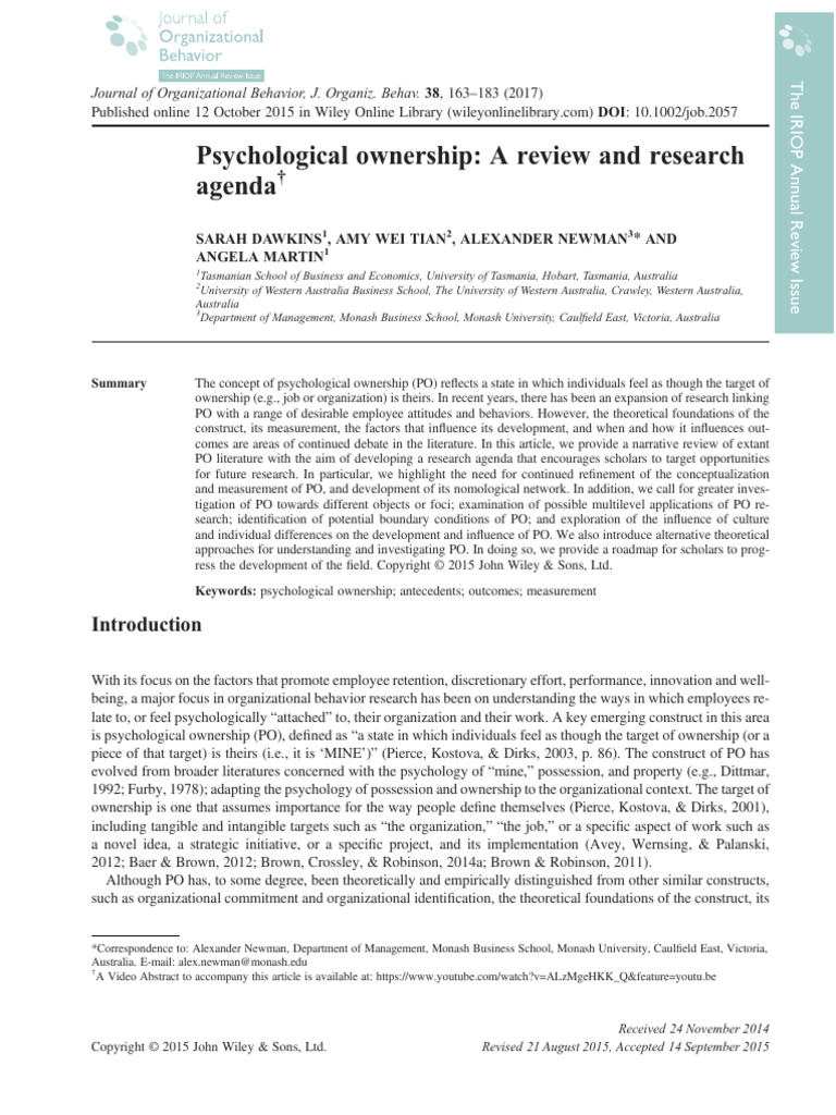 Psychological Ownership | PDF | Self Control | Self-Management