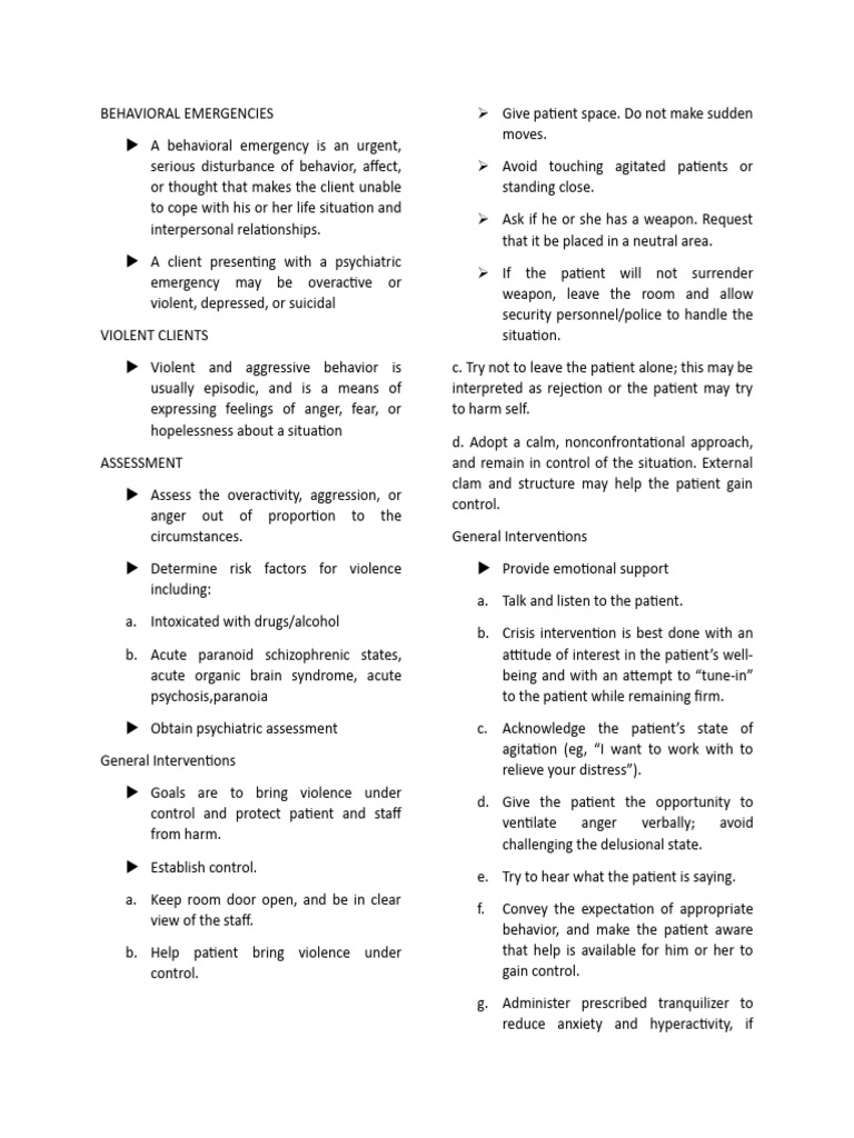 Outline For BEHAVIORAL EMERGENCIES | Download Free PDF | Rape | Suicide