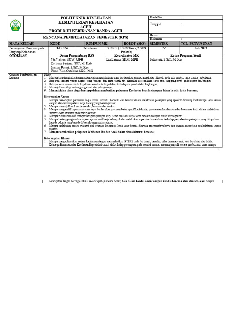 RPS MK Penanganan Bencana Pada Lingkup Kebidanan Genap 2022-2023 | PDF ...