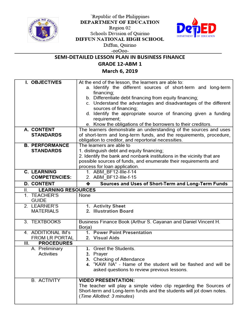 Lesson Plan Business Finance (Sources) | PDF | Loans | Credit