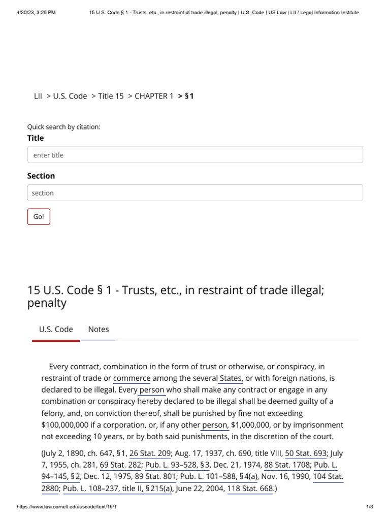 15 U.S. Code 1 - Trusts, Etc., in Restraint of Trade Illegal Penalty ...