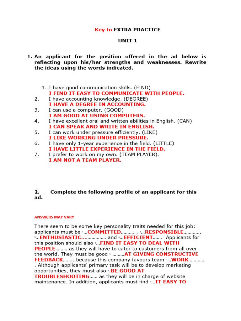 KEY To EXTRA PRACTICE - Unit 1 | Download Free PDF | Cognition | Learning
