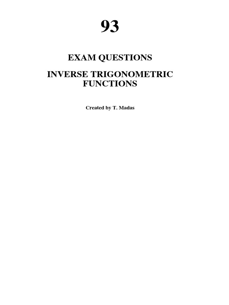 Exam Questions on Inverse Trigonometric Functions | PDF | Equations ...