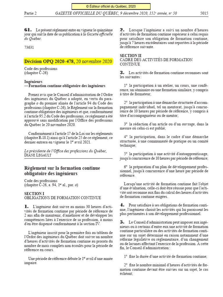 Règlement sur la formation continue des ingénieurs | PDF | Assurance ...