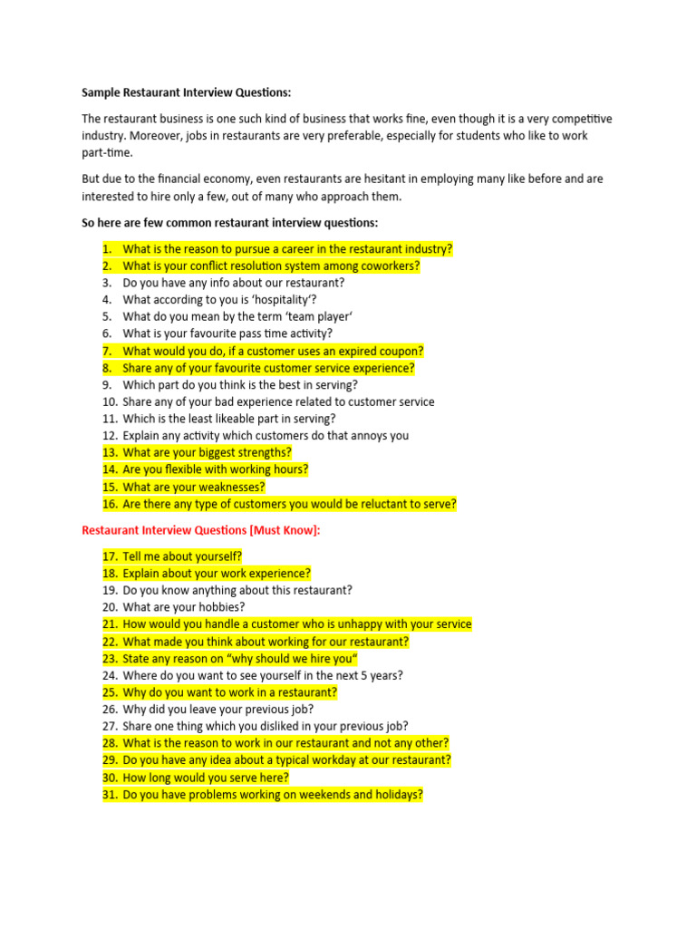 Sample Restaurant Interview Questions | PDF