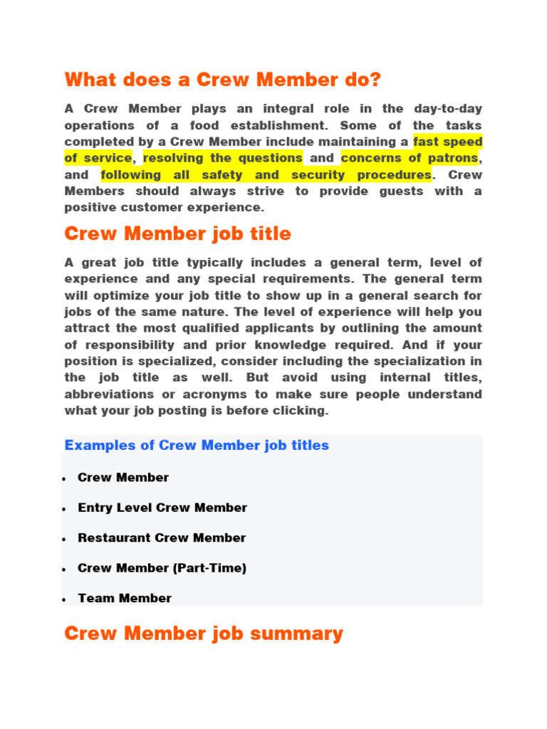 Crew Member Job Responsibilities Overview | PDF | Business