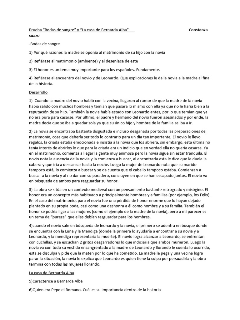 Prueba Bodas de Sangre La Casa de Bernarda Alba | PDF
