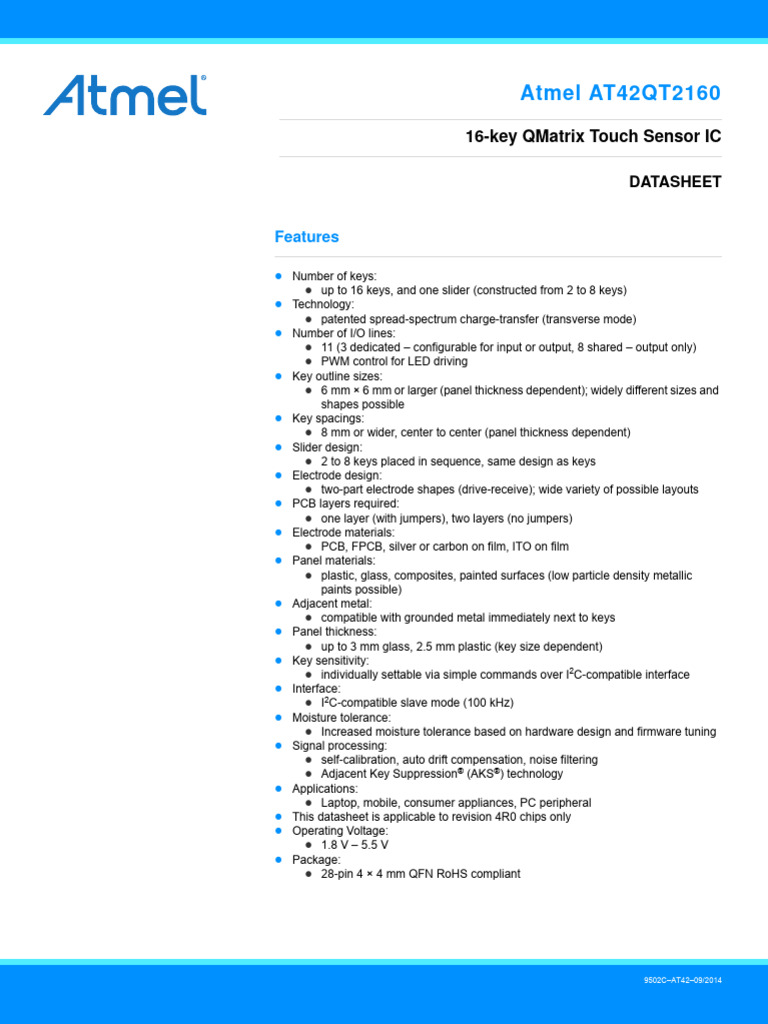 Atmel 9502 AT42 QTouch BSW AT42QT2160 - Datasheet 1359833 1 | PDF | Capacitor | Printed Circuit ...