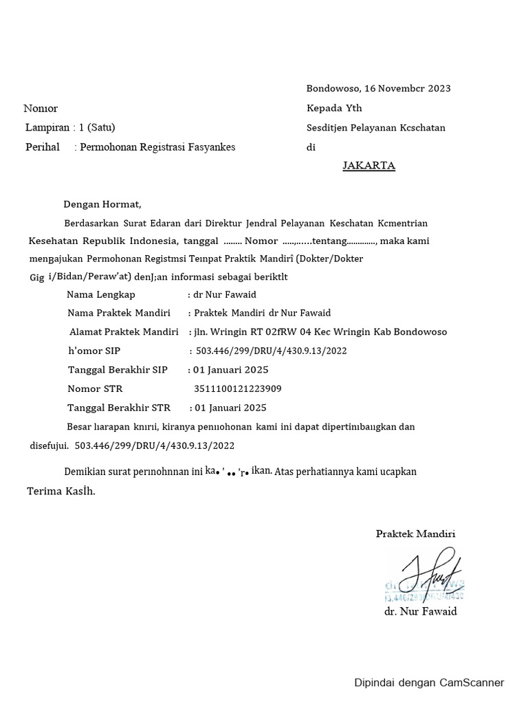 Contoh Surat Permohonan Registrasi Fasyankes Word | PDF