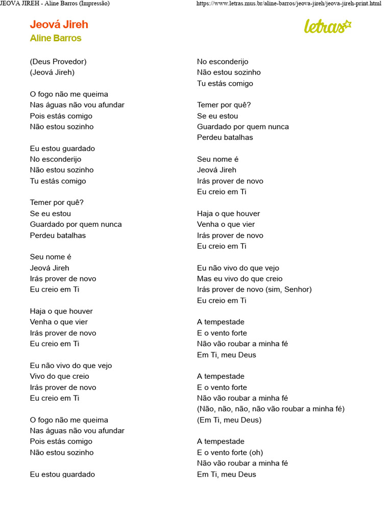 JEOVÁ JIREH - Aline Barros (Impressão) | PDF