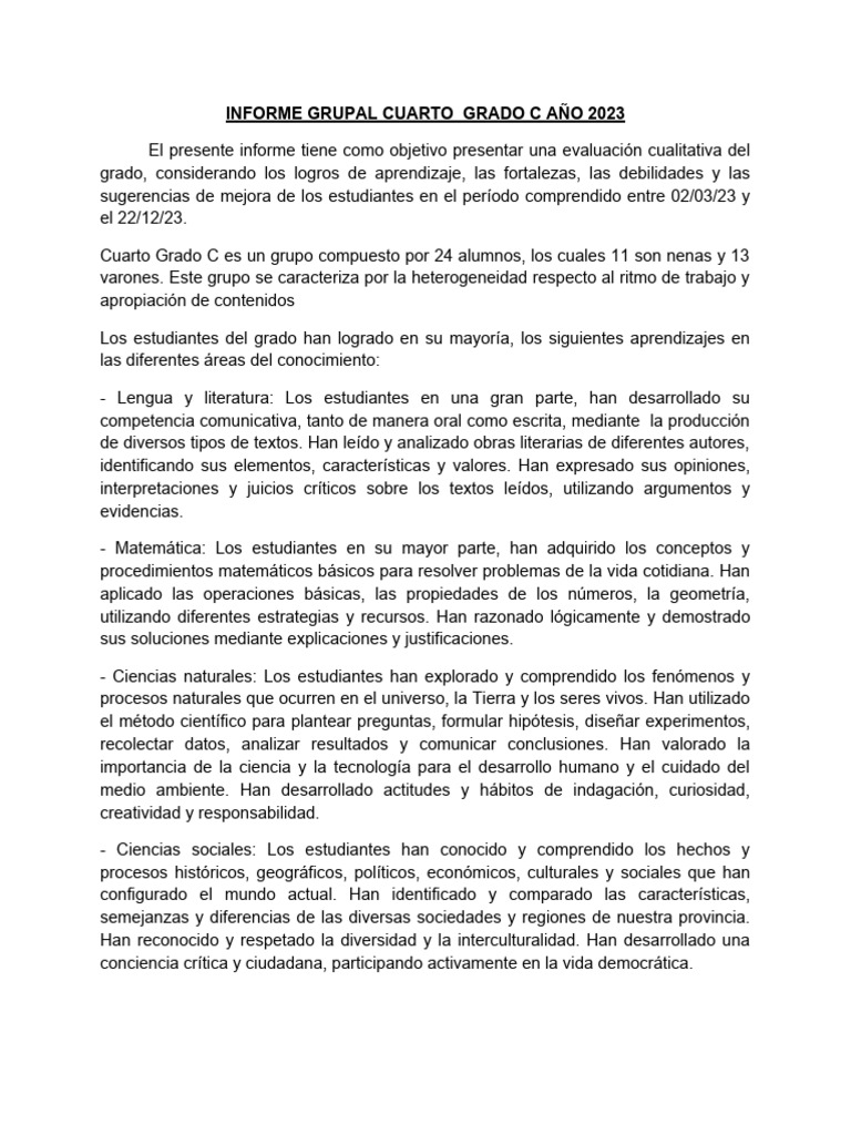 Informe Grupal Cuarto C Año 2023 | Descargar gratis PDF | Matemáticas ...