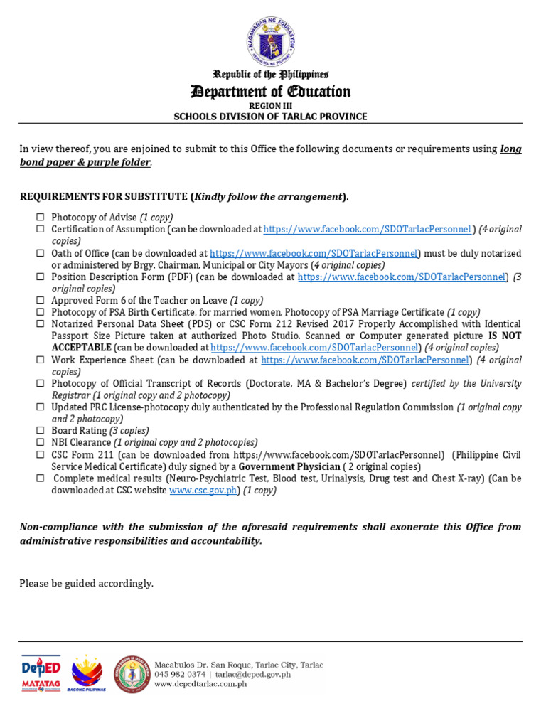 Substitute Teacher Requirements Tarlac | PDF