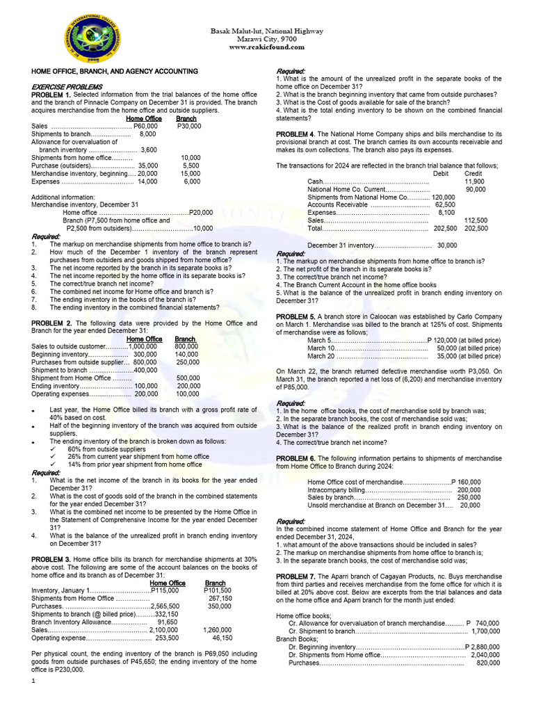 Home Offie and Branch Handouts and Excercise Problemsdocx | PDF | Inventory | Net Income