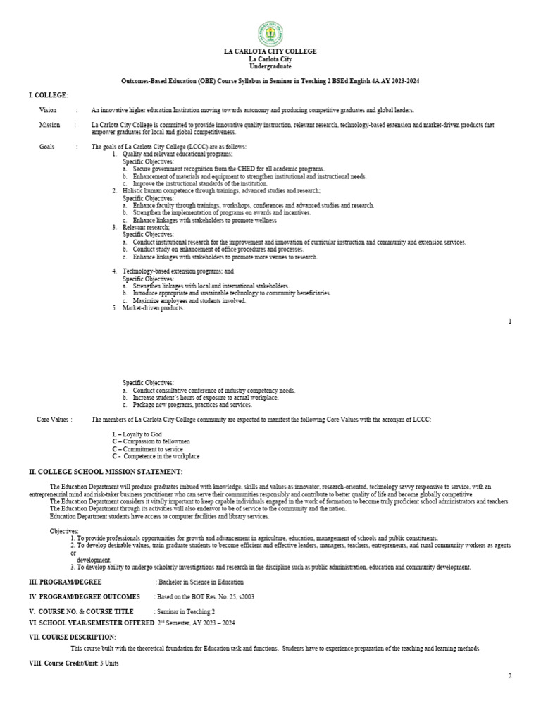 Seminar On Teaching Syllabus BSED English 4A | PDF | Learning | Lecture