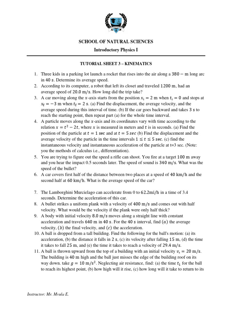 Tutorial Sheet On Kinematics | PDF | Speed | Velocity
