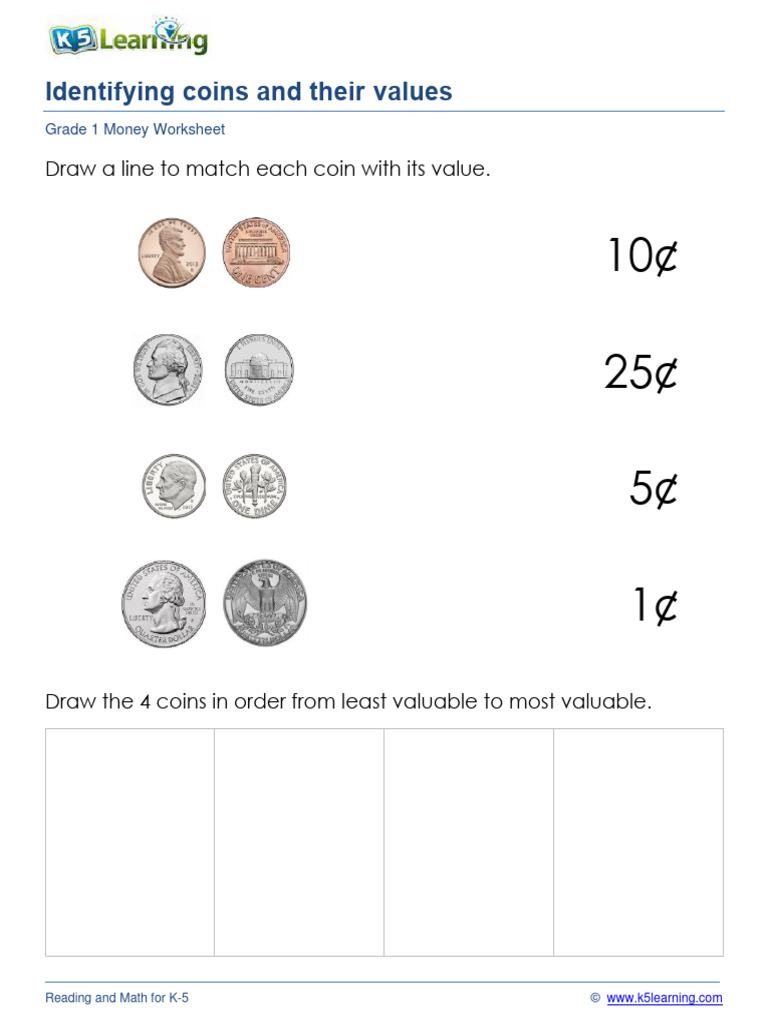 Grade 1 Money Match Coin To Value | PDF