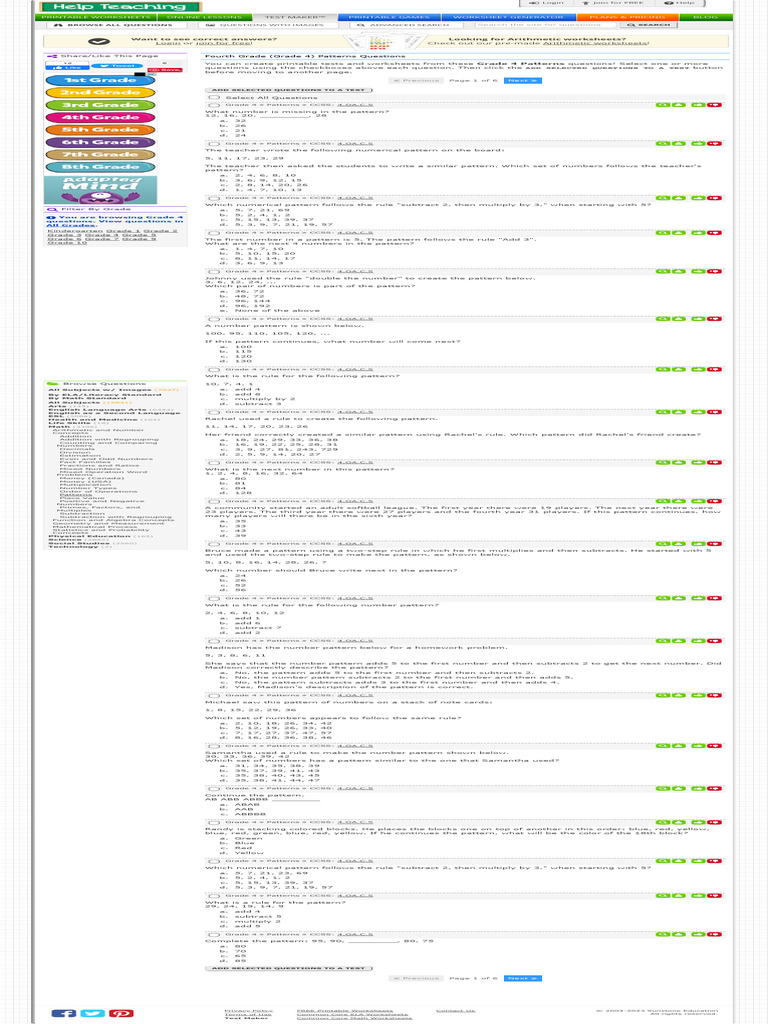 Fourth Grade (Grade 4) Patterns Questions For Tests and Worksheets ...