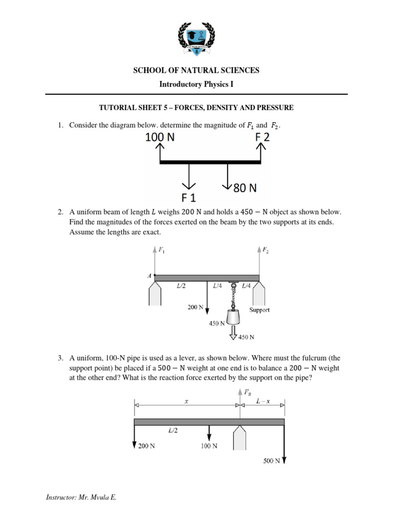 Tutorial Sheet On Forces, Density and Pressure | PDF | Force | Density