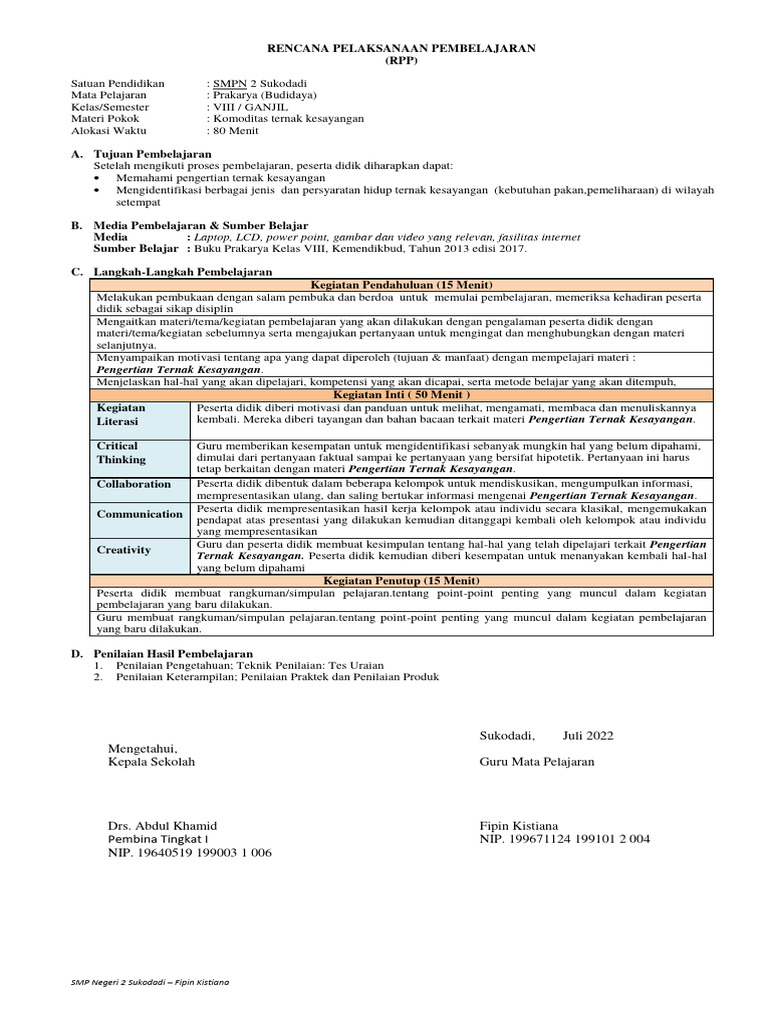 RPP I Prakarya Kls VIII 2022-2023 Sem Ganjil | PDF