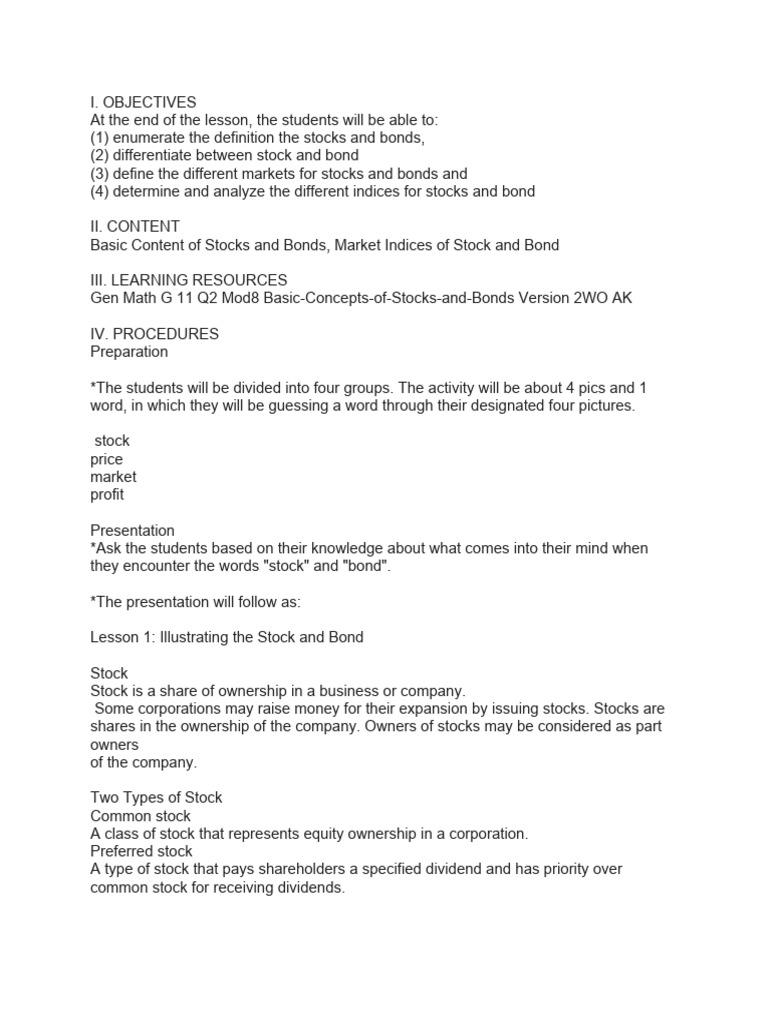 lesson plan | PDF | Stocks | Bonds (Finance)