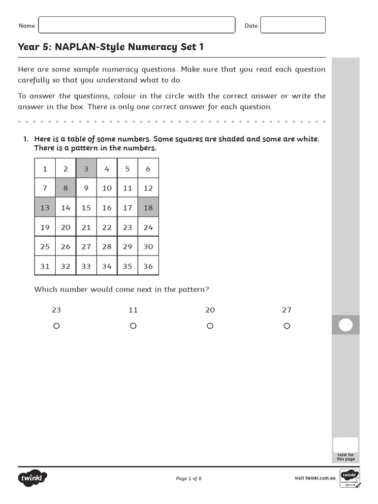 NAPLAN Style Numeracy Year 5 Example Test Set 1 | PDF | Ounce | Metrology