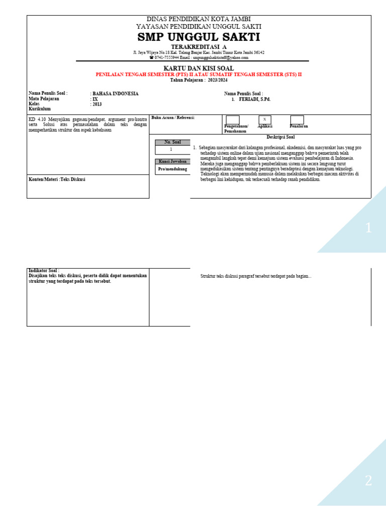 Contoh Kartu Soal PTS - STS Ii | PDF