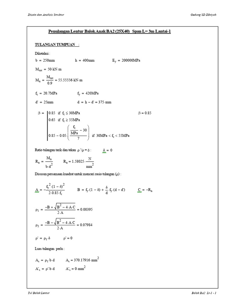 Mathcad - DISAIN BALOK BA2 LT-1 SD DINIYAH | PDF