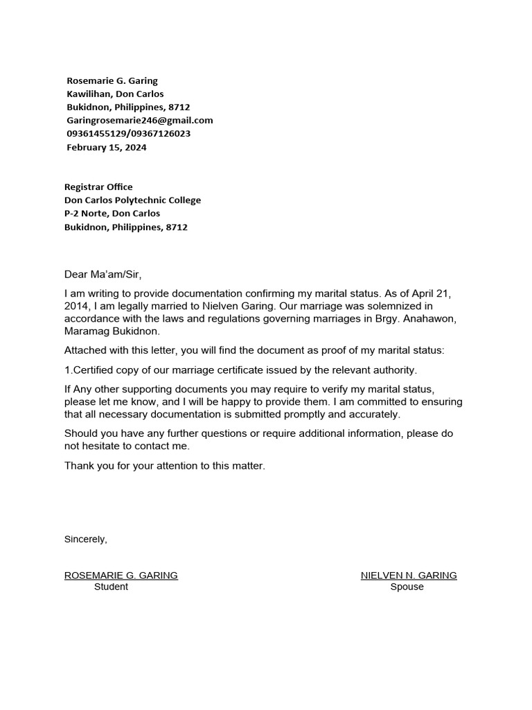 Intent Letter of My Marital Status | PDF