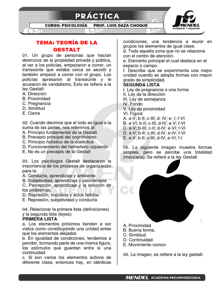 Practica - Psicología - Teoria de La Gestalt - 20 Preguntas - Con Claves-1812103921477 | PDF