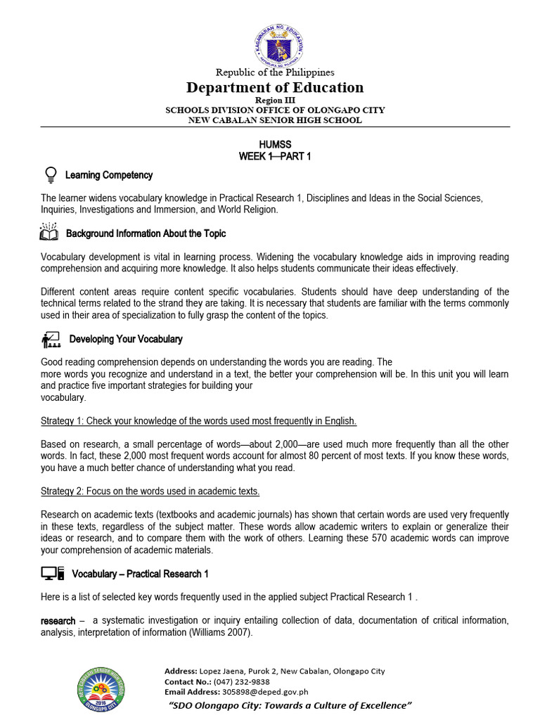 HUMSS Week-1 | PDF | Mean | Reading Comprehension