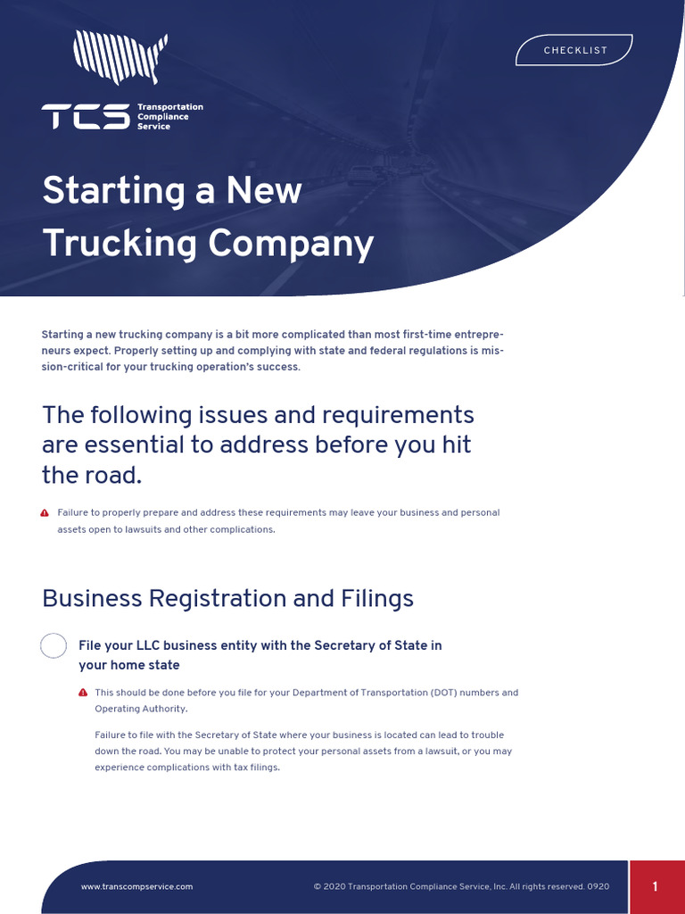 TCS - Checklist New Trucking Company Checklist | PDF | Truck Driver | Transport