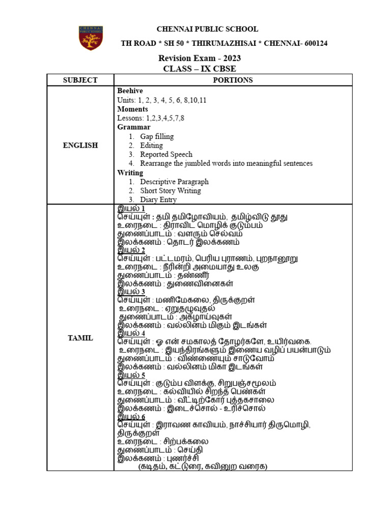 Revision Exam - 2023 Class - Ix Cbse: Chennai Public School TH Road SH 50 Thirumazhisai Chennai ...