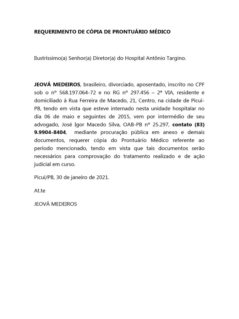 Requerimento de Cópia de Prontuário Médico | PDF | Política | Ciências Sociais