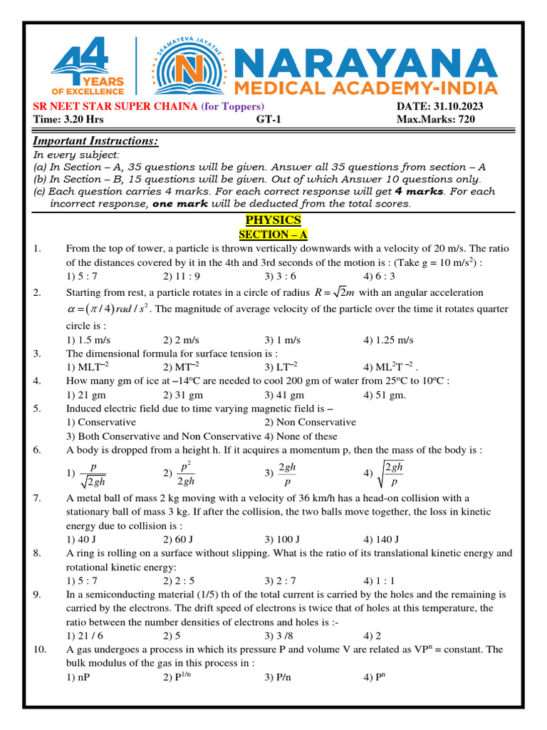 NEET GT - 1 Question Paper | PDF