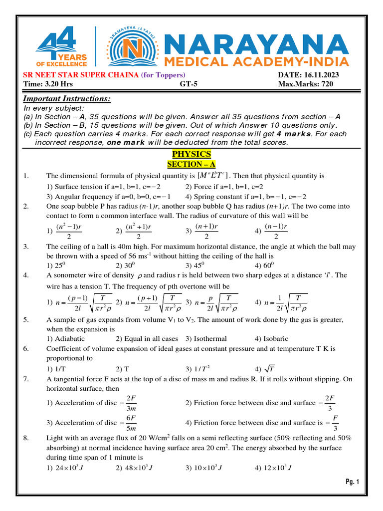 NEET GT-5 Question Paper | PDF | Friction | Electron