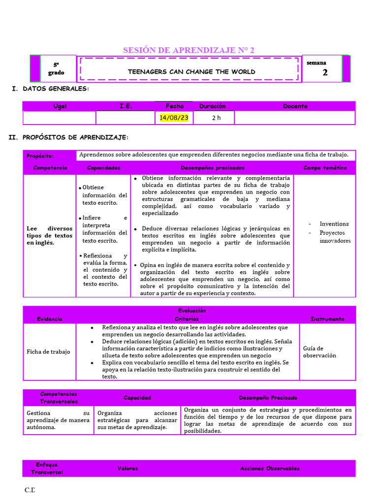 5° Sesión de Aprendizaje Sesión 2-Sem.2-Exp.5-Inglés | PDF | Aprendizaje | Cognición