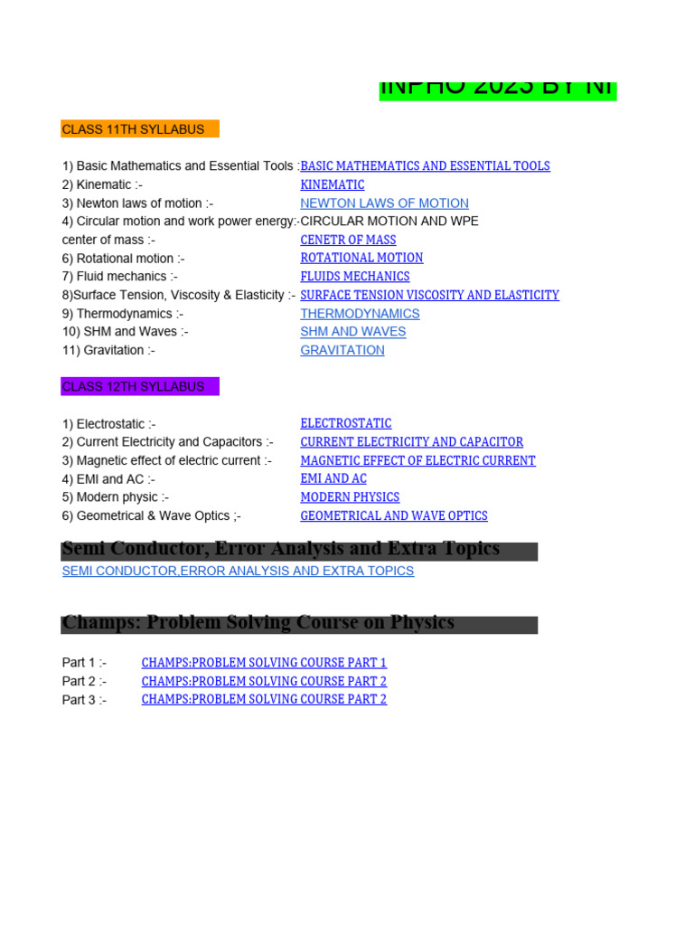 INPHO 2023 Class 11 Physics Syllabus | PDF