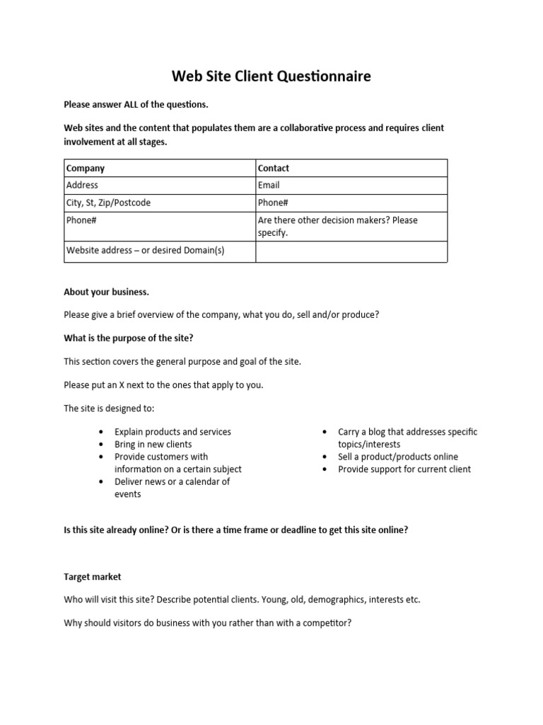 Website Questionnaire | PDF | Websites | World Wide Web