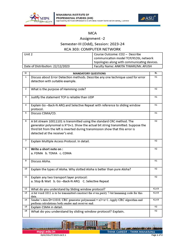 Computer Network KCA-303 (Assignment 2) | PDF | Computer Science | Internet Protocols