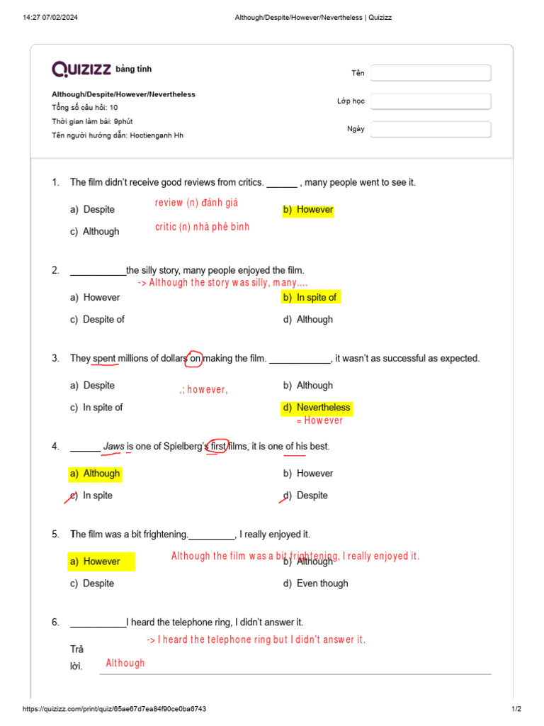 Although - Despite - However - Nevertheless - Quizizz | PDF