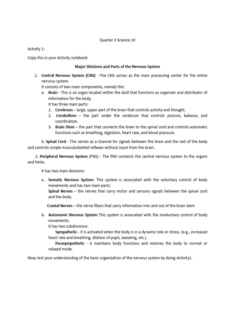 Quarter 3 Science 10 Activity 1 | PDF | Central Nervous System ...